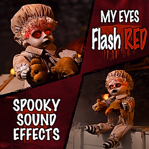NEYEABL 10" Spirit Animatronic Ghost Boy Doll Halloween Decorations.-Sound Activated,Creepy Sound & Head & Hand Movements,Red Eyes Lit, Haunted House Holiday Props, Halloween Spooky Animations