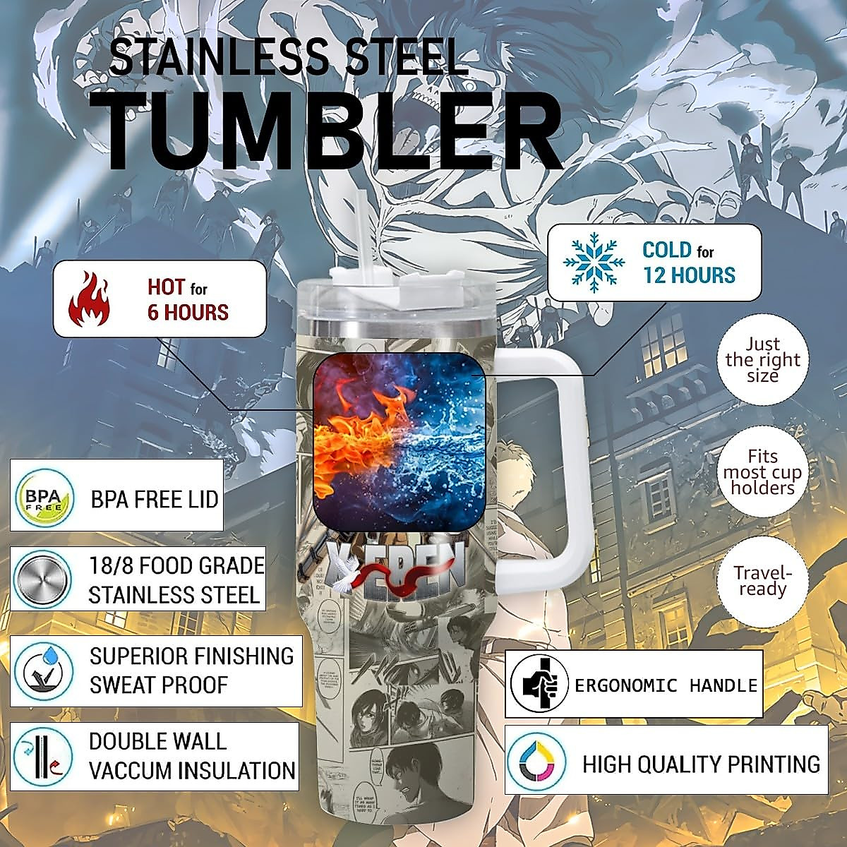 TEEDUU Tumbler M1kasa Insulated Tumbler With Handle Stainless Steel Double Wall Vacuum AOT Anime Tumblers Hot Cold Tea Coffee Travel Cup Thermos Mug Birthday Gift Men Women