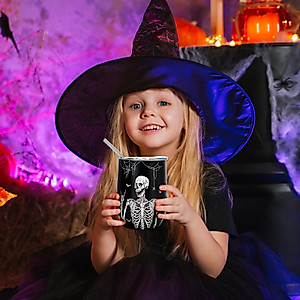 Whaline Halloween Stainless Steel Wine Tumbler with Straw and Lid Black White Skull Bat Coffee Mug Skeleton Insulated Wine Tumbler for Hot and Cold Drinks Gift