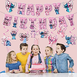 Stitch Birthday Decorations Stitch Pink Happy Birthday Banner Hanging Swirls for Birthday Party Supplies