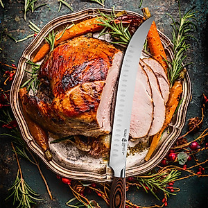 TUO Butcher Knife - 12 Inch Breaking Butcher s Knives Curved Granton Edge Carver Slicing Knife Long Meat Veggies Cleaver - German HC Steel Comfortable Pakkawood Handle - Fiery Series Gift Box Included