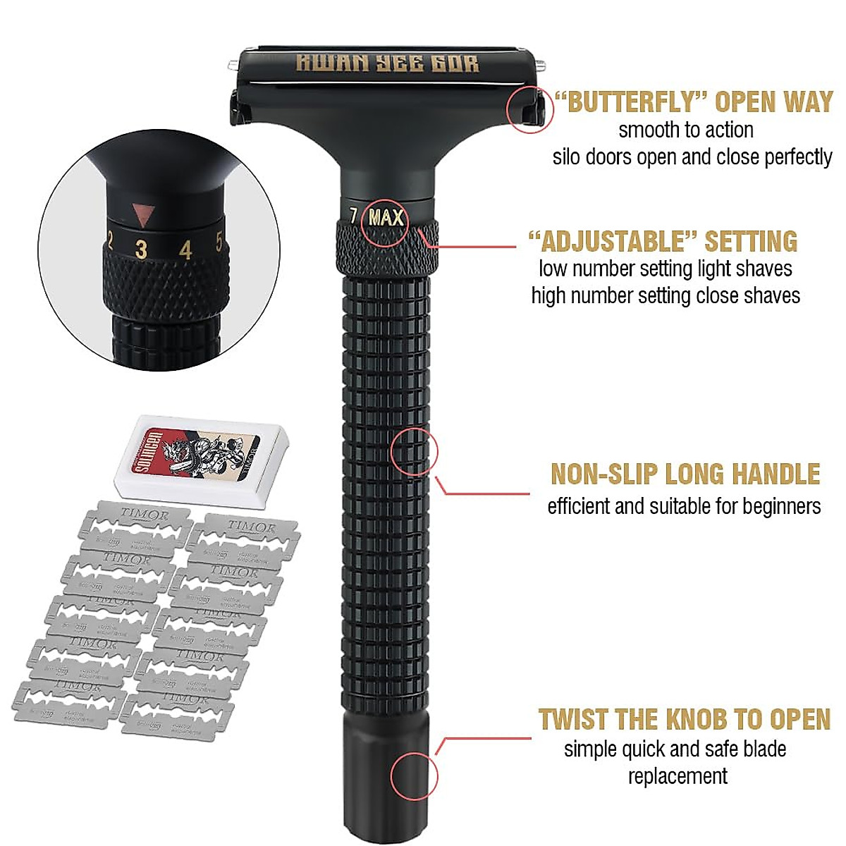 KWAN YEE GOR Adjustable Double Edge Safety Razor with 10pcs German Solingen Stainless Steel Blades,Butterfly Open with Long Handle for Men Black