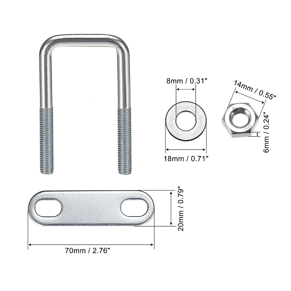 uxcell Square U-Bolts 1-5/8"(40mm) Inner Width Carbon Steel M8 with Nuts, Frame Plate, Round Washers