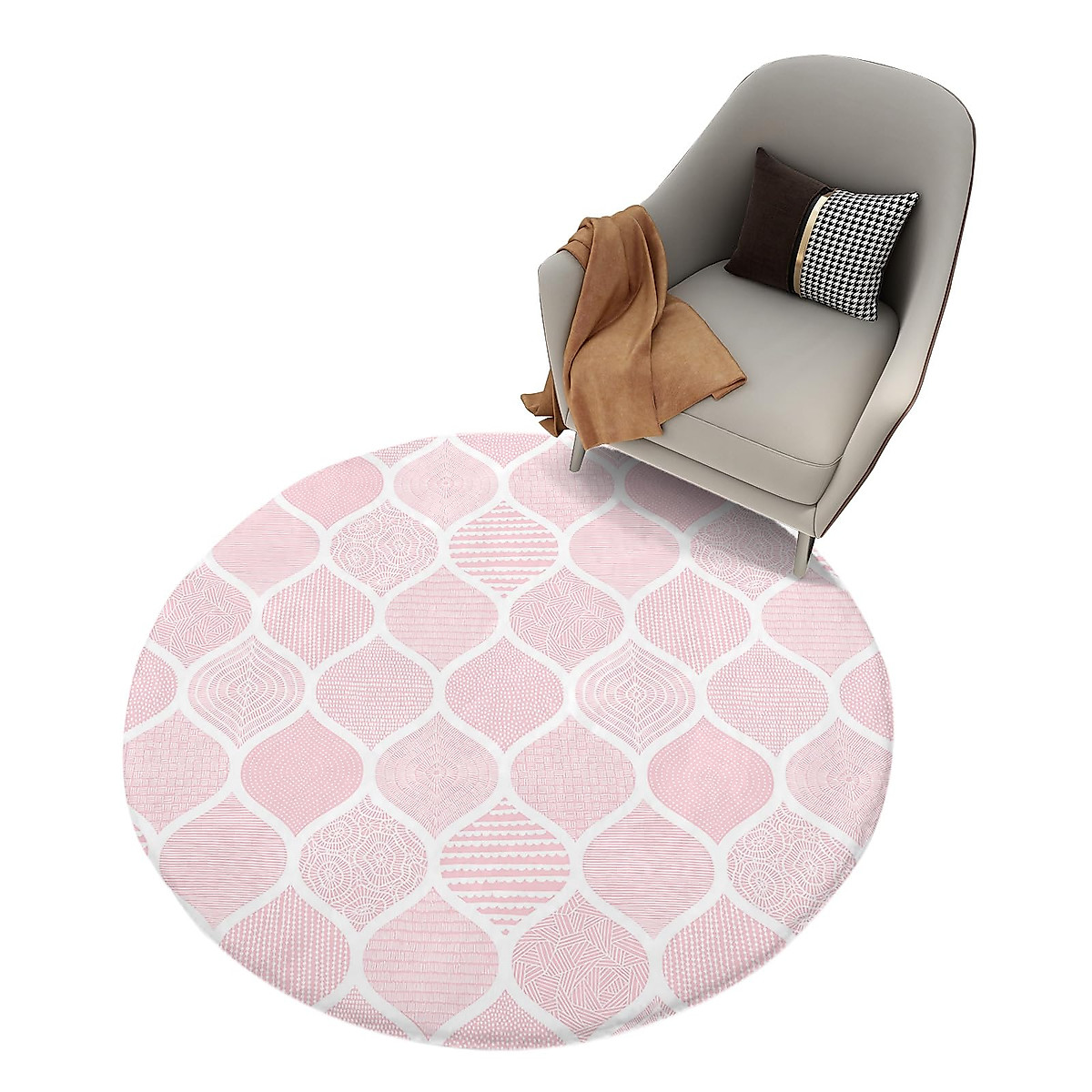 Morocco Pink Fluffy Round Area Rug Carpets 5ft,Plush Shaggy Carpet Soft Circular Rugs,Non-Slip Fuzzy Accent Floor Mat for Living Room Bedroom Nursery Home Decor Geometric Minimalist Boho Indian Print