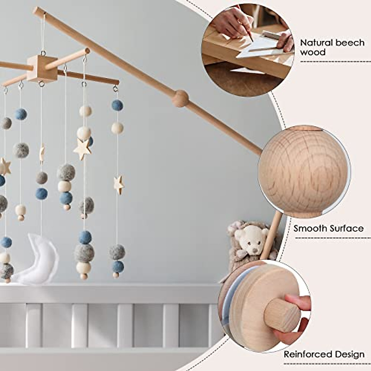 Crib Mobile Arm - Rotating Wooden Mobile Arm for Crib 28-33 inch Baby Mobile Hanger Nursery Mobile Stand for Crib (PZARM001) (zhijia) (Log Color)