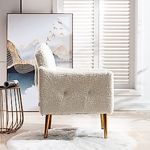 Olela Modern Accent Chair with Arms, Tufted Decorative Single Sofa Fabric Armchair with Gold Metal Legs, Upholstered Reading Chair for Living Room Bedroom Office (White - Fabric)
