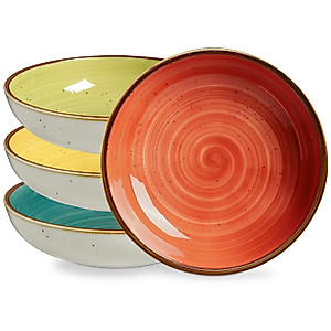 ONEMORE Pasta Bowls 30 Ounce Porcelain Salad Bowls Shallow Bowls for Pasta Set of 4 Shallow Bowl Plates, Microwave & Dishwasher Safe, Assorted Color