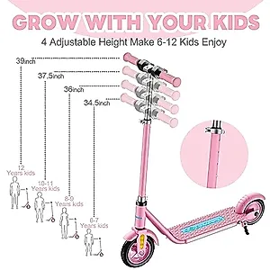 Kids Electric Scooter Ages 6-12 Gobazaar, Colorful LED Lights, Up to 8-10 MPH & 7.5 Miles,150W Electric Scooter for Kids with 3-Speed Adjustment,4-Height (Pink)