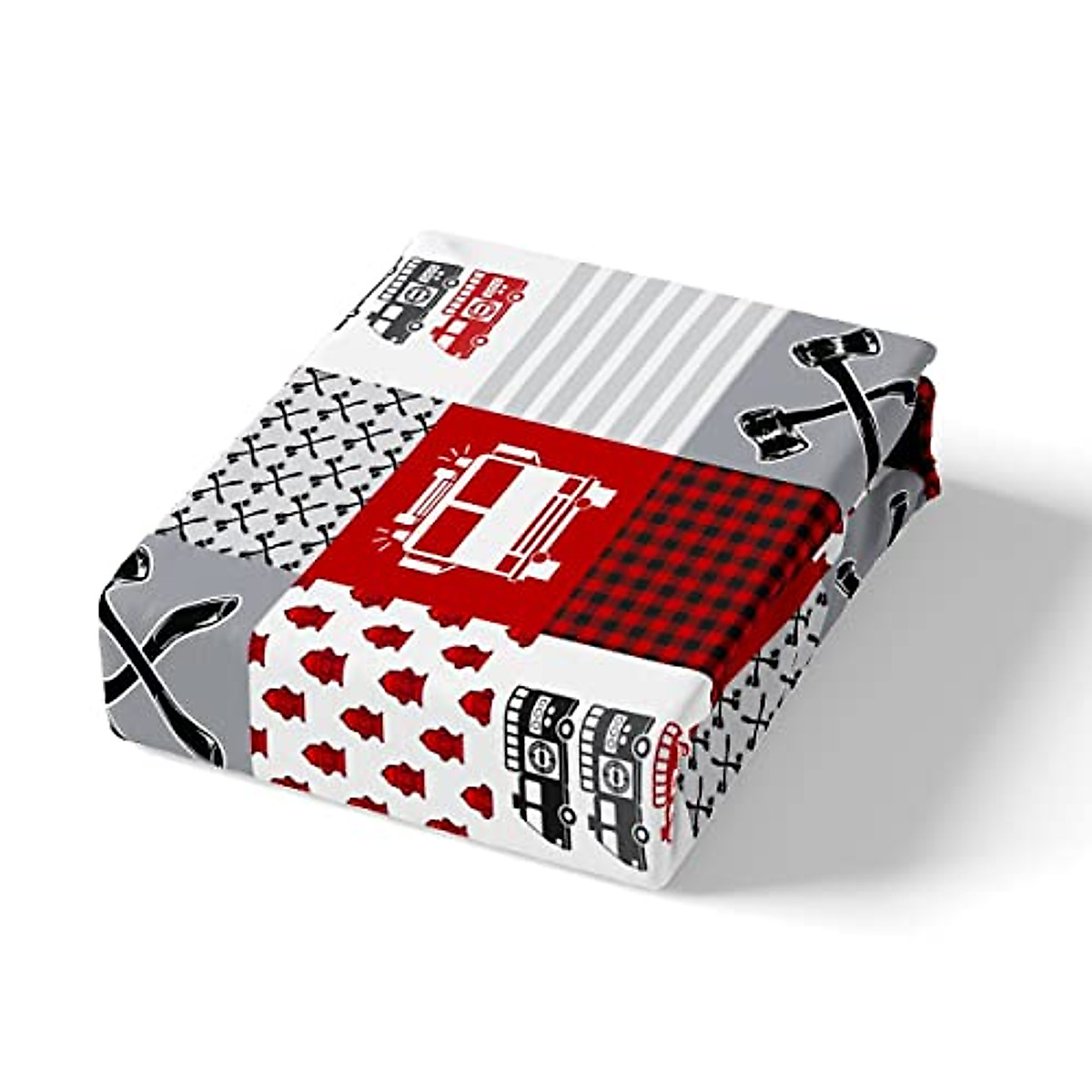 5Pcs Red Fire Truck Car Duvet Cover Set Queen Size & Curtain Set: 1 Duvet Cover + 2 Pillowcase + 2 Panels of 42 W x 63 L inch Each