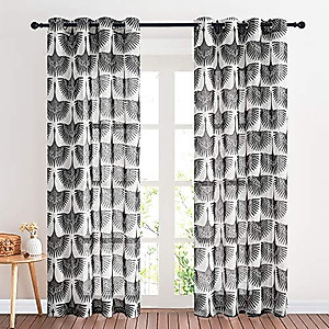 KGORGE Sheer Curtains 84 inch Length - Natural Linen Floral Curtains Geometric Print Half Translucent Washable Window Drapes for Bedroom Living Room French Door, Set of 2, Black