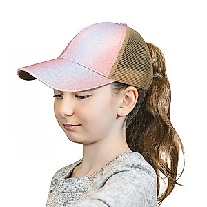 Glitter Distressed Mesh Girls Criss Cross Ponytail Hat for Kids High Messy Bun Ponycap…
