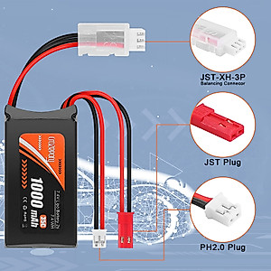 FancyWhoop 7.4V Lipo Battery 2S 1000mAh: 35C Battery with PH2.0 & JST Plug A xial SCX24 Lithium Batteries 2 Pack Rechargeable Batteries for WL Toys RC Car Most 1/10 1/16 1/18 1/24 Scale Racing Trucks