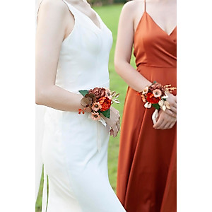 Ansofi Set of 6 Burnt Orange Wrist Corsages for Wedding, Corsage Bracelet Hand Flower for French Rustic Wedding Ceremony, Anniversary Prom Homecoming Formal Dinner Party