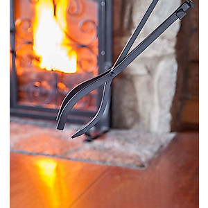 Plow & Hearth Crest Fireplace 4-Piece Tool Set with Stand, Solid Steel, Convenient Hanging Loops, Tongs, Poker, Shovel, Broom, Decorative and Functional, Approx. 12"" diam. x 34¾"" H (Black)