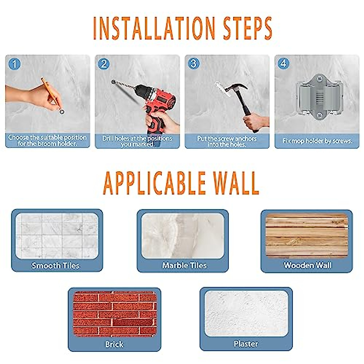 3-H Mop and Broom Holder Wall Mount, Broom Holder Wall Mount 10 Pack, Broom Holder for Garage Garden Shed Storage System Laundry Room Home Kitchen Organization up to 1.45 Inch(grey)