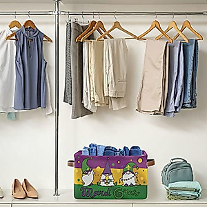 Mardi Gras Gnomes Storage Basket Fabric Laundry Baskets Gold Green Purple Fleur de Lis Mask Beads Confetti Feather Storage Boxes Organizer Bag for Baby Toy Book Storage Cubes Shelf Closet Bins 16×12×8