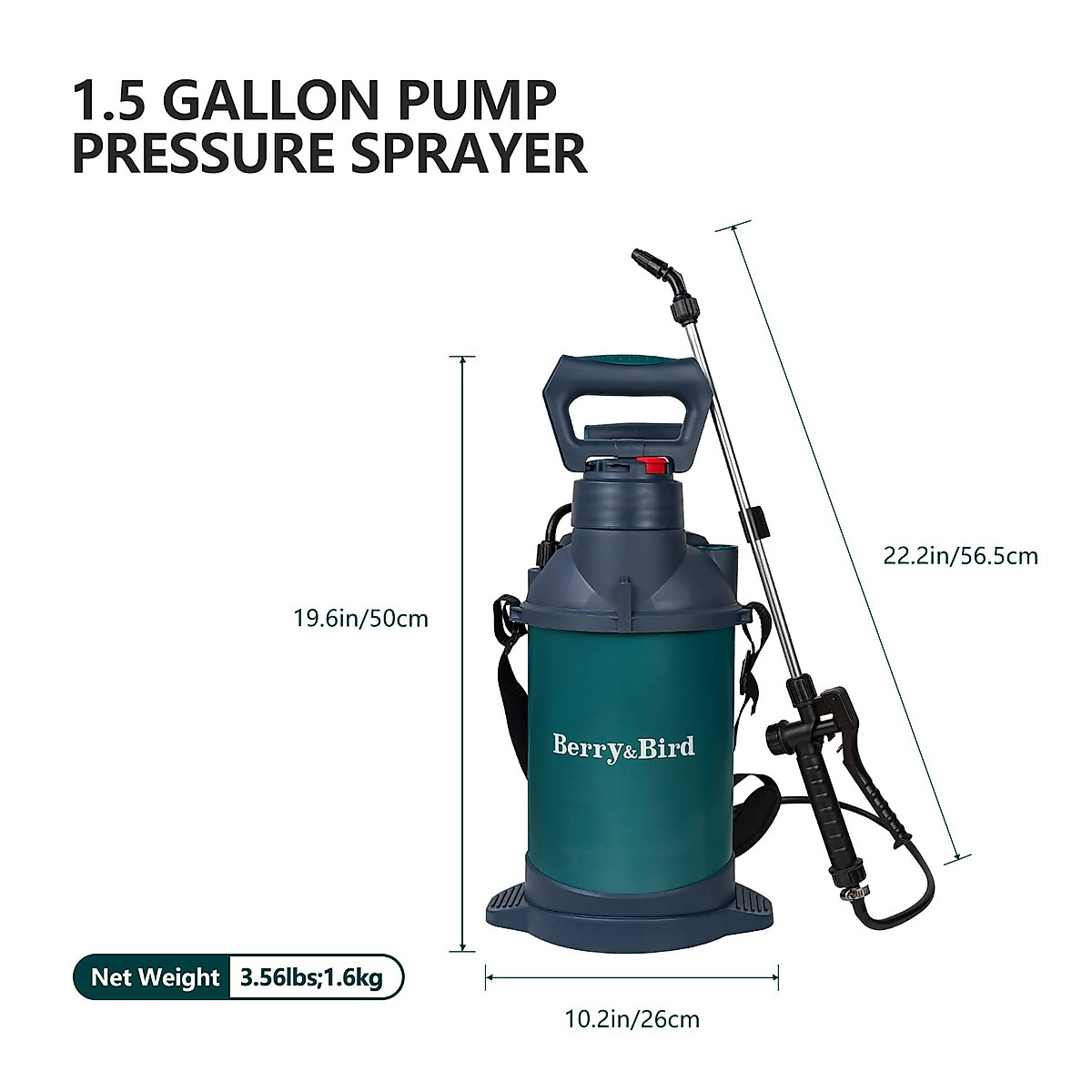 Berry&Bird 1.5 Gallon Green Polyethylene Garden Pump Sprayer, Compact, Ergonomic, Adjustable Nozzle, Shoulder Strap, Safety Valve, Multi-Purpose Lawn & Garden Sprayer