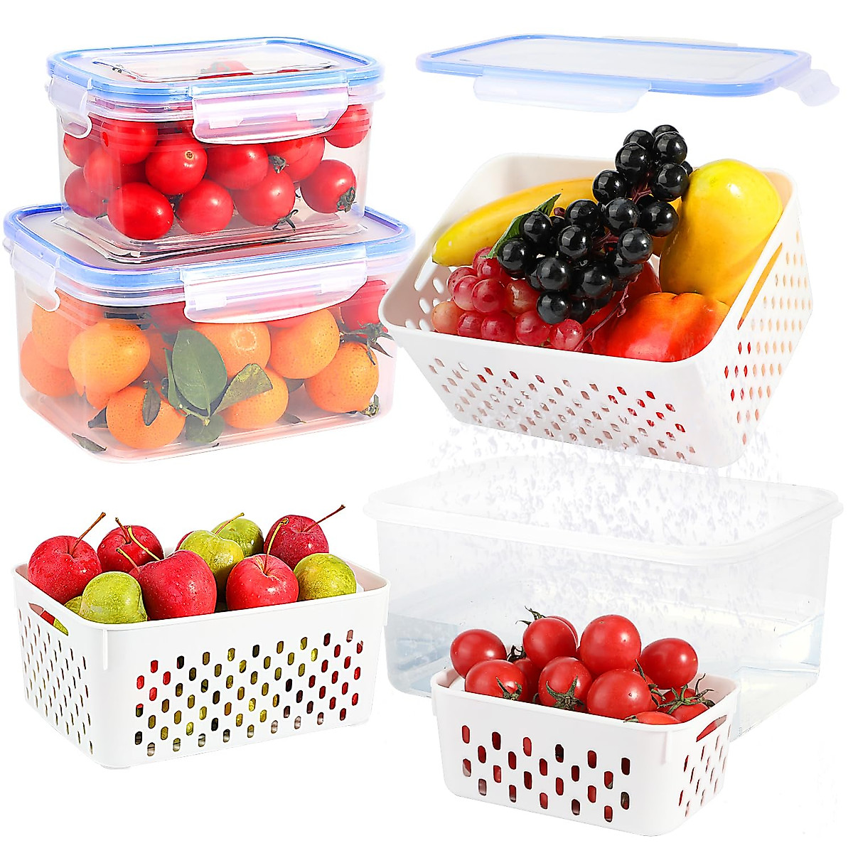 3 Pack Fruit Storage Containers for Fridge, Airtight Food Storage Containers with Removable Colander, Produce Saver Organizers Storage for Refrigerator, Keep Fruit Vegetable Meat Berry Fresh Longer