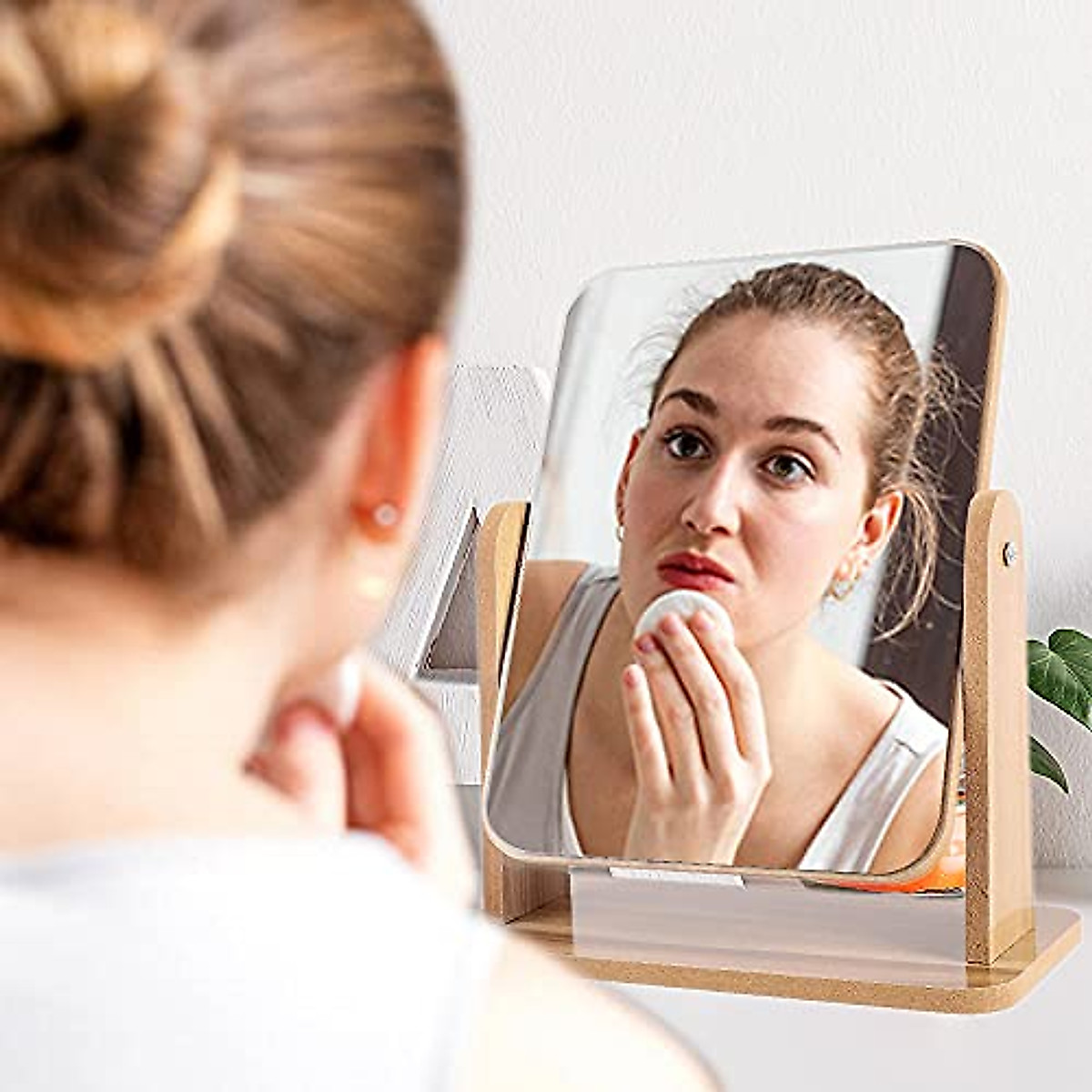 LOTIKO Natural Wooden Vanity Makeup Mirror,7 Inch Single Sided 360 Degree Swivel Mirror,Portable Removable Countertop Private Room High-Definition Desk Mirror(Square)
