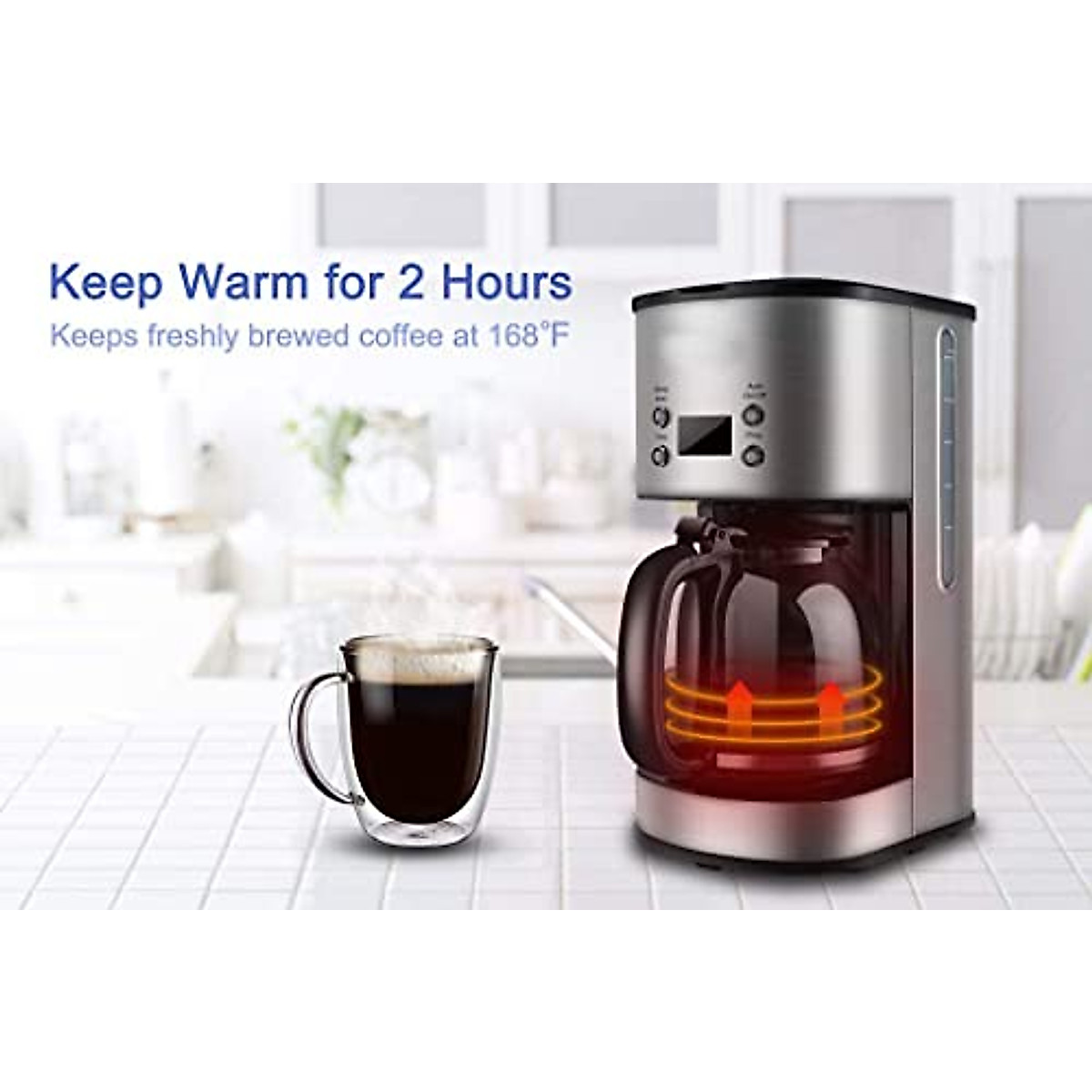 Drip Coffee Maker 12 Cup, Programmable Coffeemaker, Auto Shut-off Coffee Machine, 2 Hours Keep Warm Glass Coffee Pot, Grab-a-cup, LCD Display, Removable Filter,Stainless Steel, 1000W(Silver)