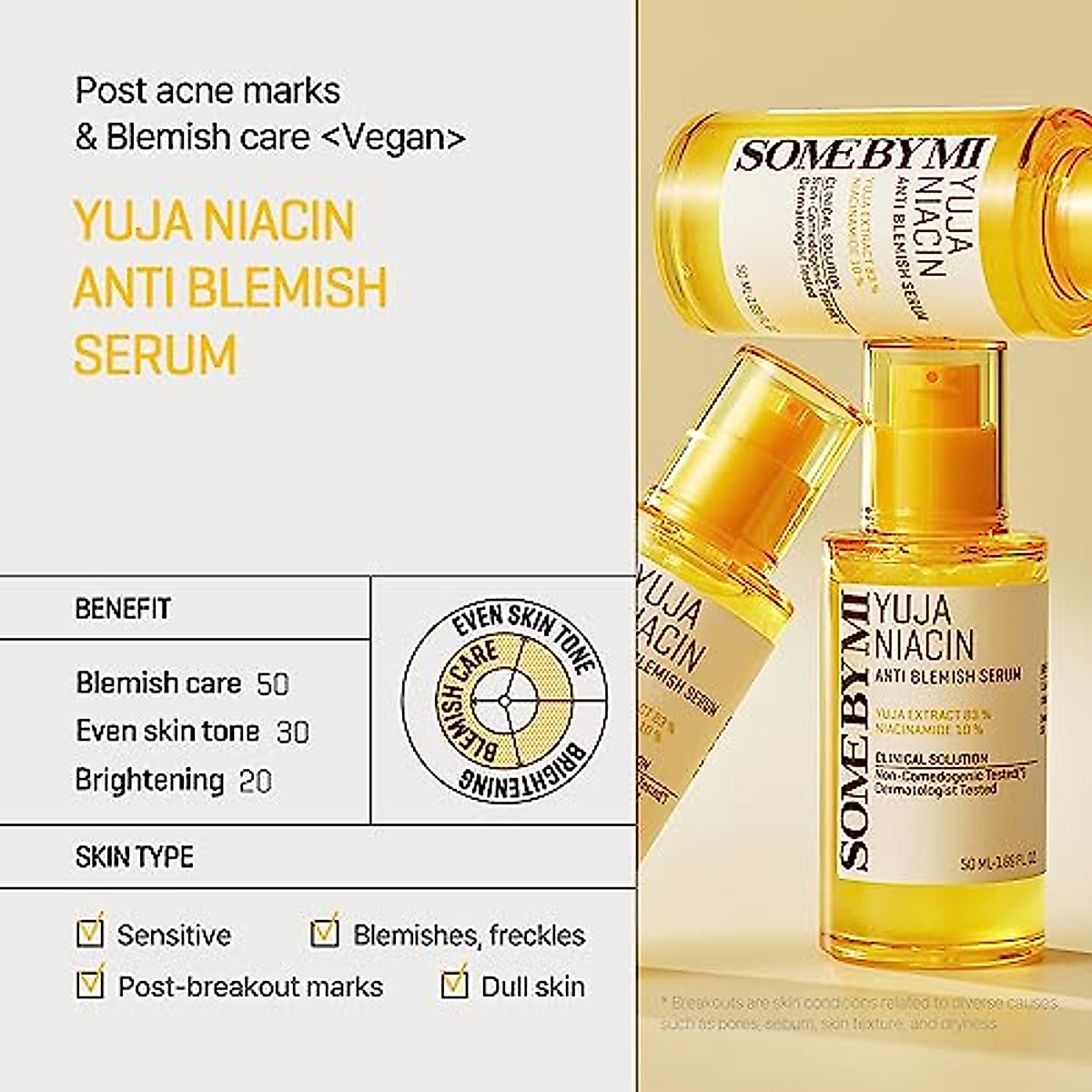 SOME BY MI Yuja Niacin Anti Blemish Serum - 1.69Oz, 50ml - Made from 10% Niacinamide and 83% Yuja Essence - Advanced Skin Brightening and Blemish Care Serum for Dull-Looking Skin - Korean Skin Care