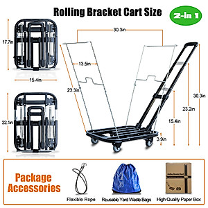Trash Bag Holder with Wheels 30-60 Gallons Leaf Bag Holder for Leaves Weeding Camping Party,2 in 1 Multi-Function 500 LB Folding Hand Truck for Travel Moving Shopping Office(Black)