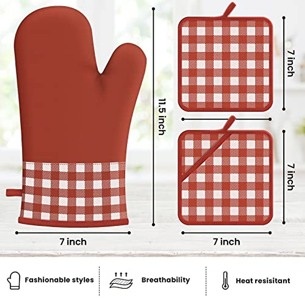 Oven Mitts and Pot Holders, 4 Piece Heat Resistant Thick Cotton Oven Mitts, Comfortable Cotton Oven Gloves for Cooking, Baking and Grilling, Red Plaid