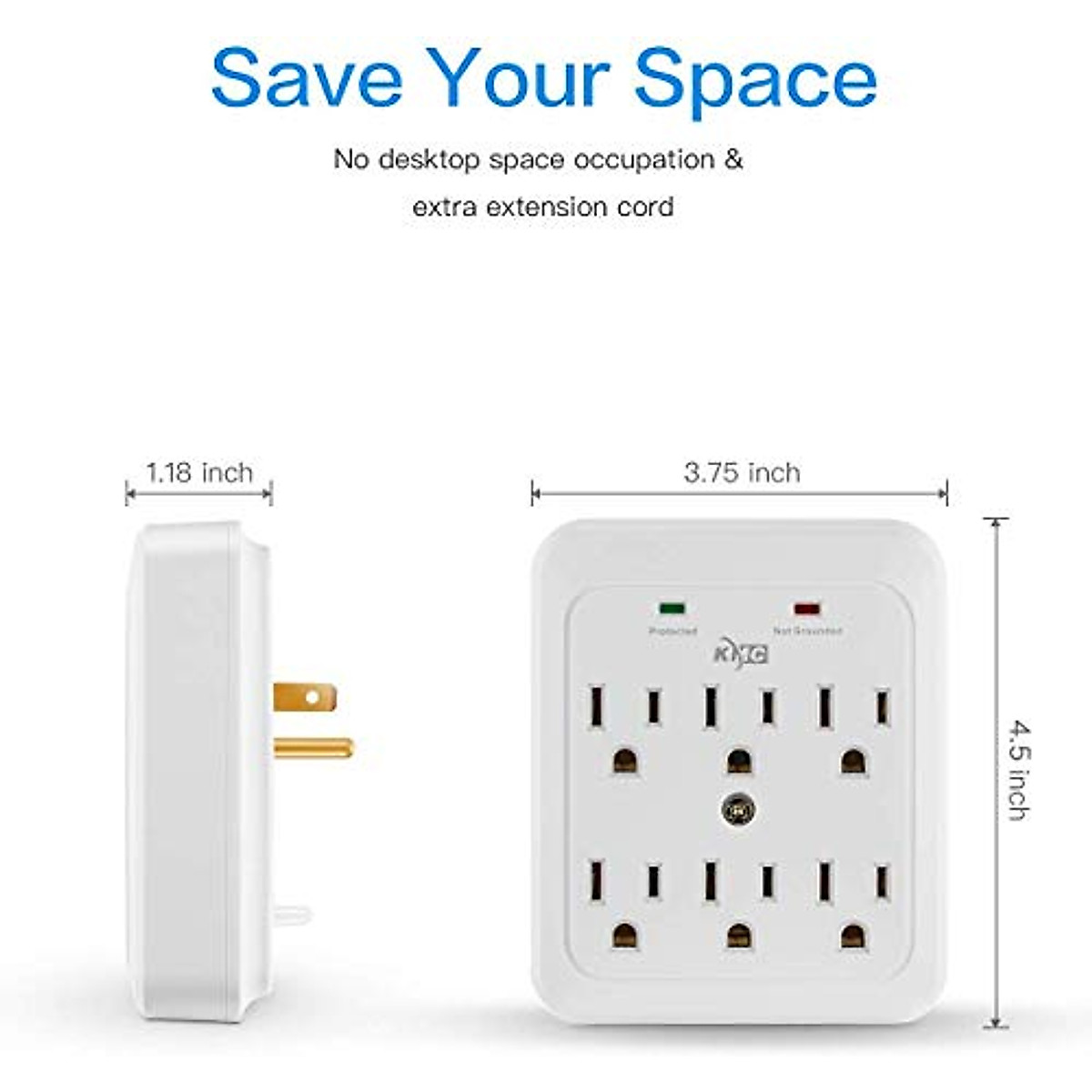 KMC Wall Surge Protector, 980 Joule, 6-Outle Wall Plug Adapter Power Strip, White