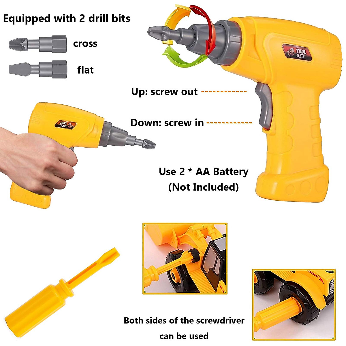 TEUVO Construction Take Apart Toys with Electric Drill, Building Excavator Toy STEM Trucks Vehicle Construction Vehicles for Kids, Educational Learning Gifts for Ages 3+ Boys & Girls