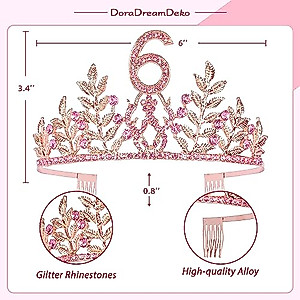 6th Birthday Sash and Tiara for Girls - Fabulous Glitter Sash + Leafs Rhinestone Pink Premium Metal Tiara for Girls, 6th Birthday Gifts for Princess Party