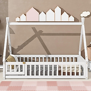 VPXTA Twin Floor Bed Frame for Toddlers, Montessori Floor Bed with Rails, Wood Bed with Fence and Door for Kids (Whtie, Twin)