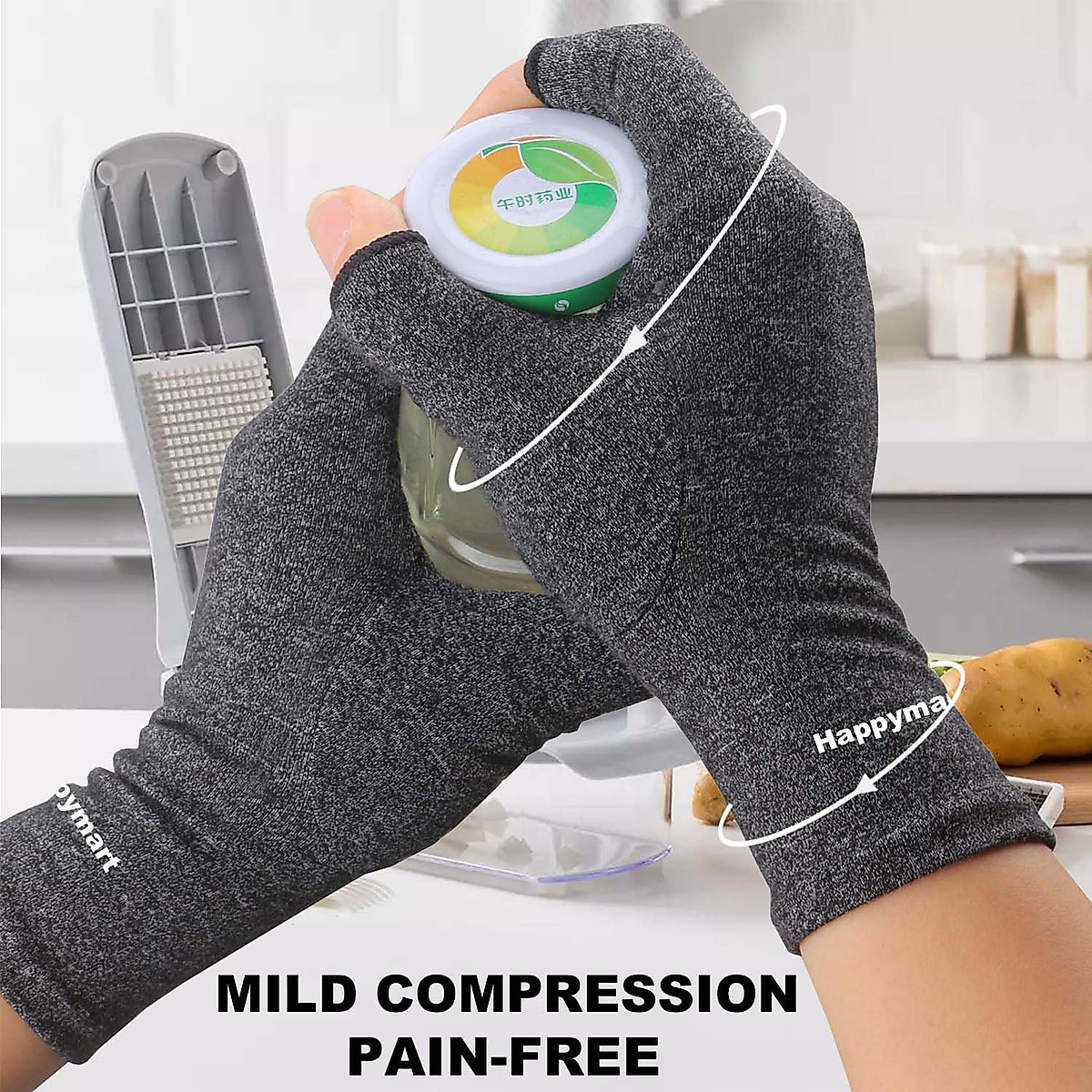 Happymart 2 Pairs Arthritis Gloves, Hand Compression Gloves for Rheumatoid, Pain Relief, Carpal Tunnel, Swelling, Joint Support, Driving Fingerless Gloves for Women Men (Black, Medium)