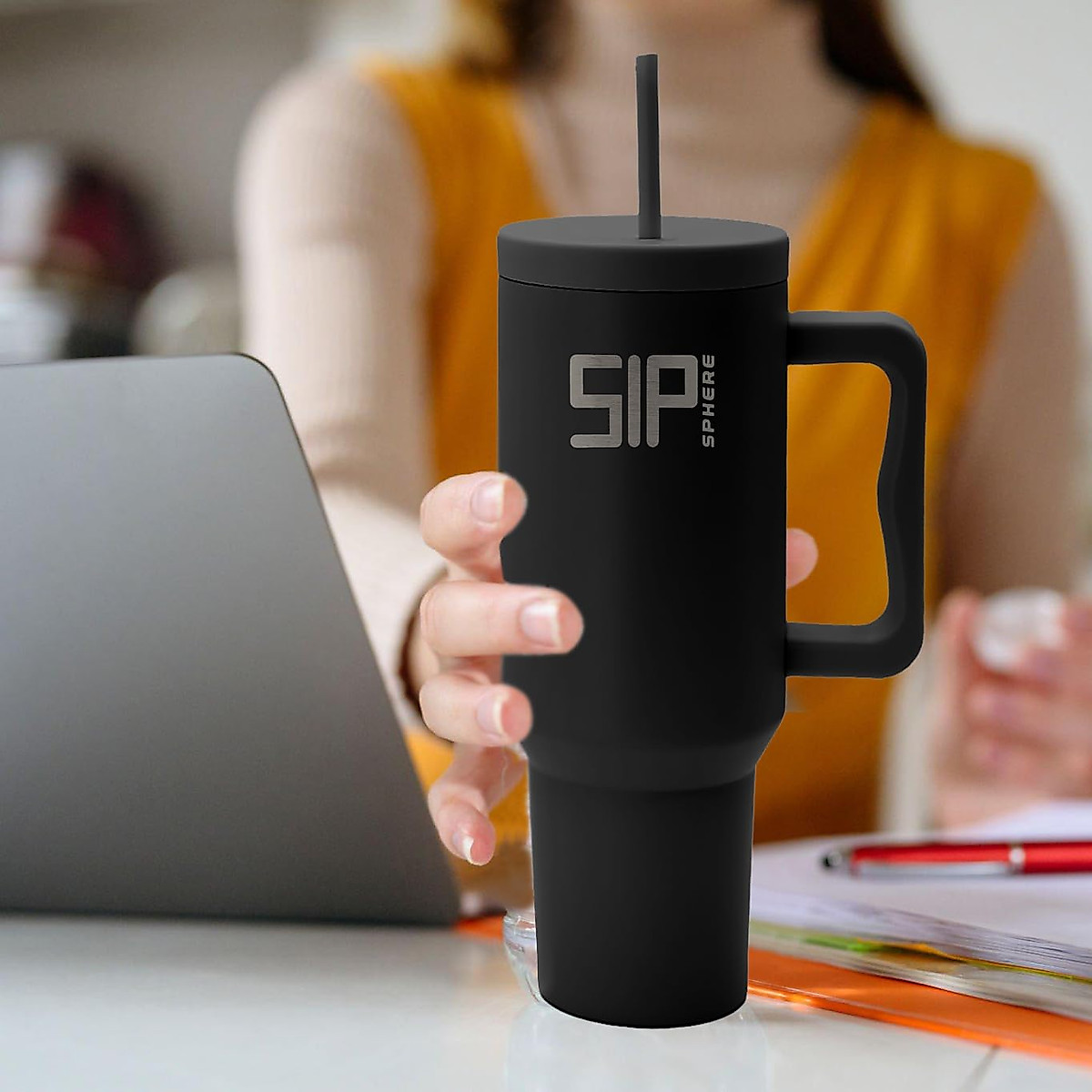 SIP SPHERE 40oz, Travel Mug, Insulated Thermal Mug, 2 Straw Tumbler, Reusable Coffee Mug, Drinking Glass, Tumbler Cup for Coffee, Tea, Whiskey, Juice (Midnight Black)