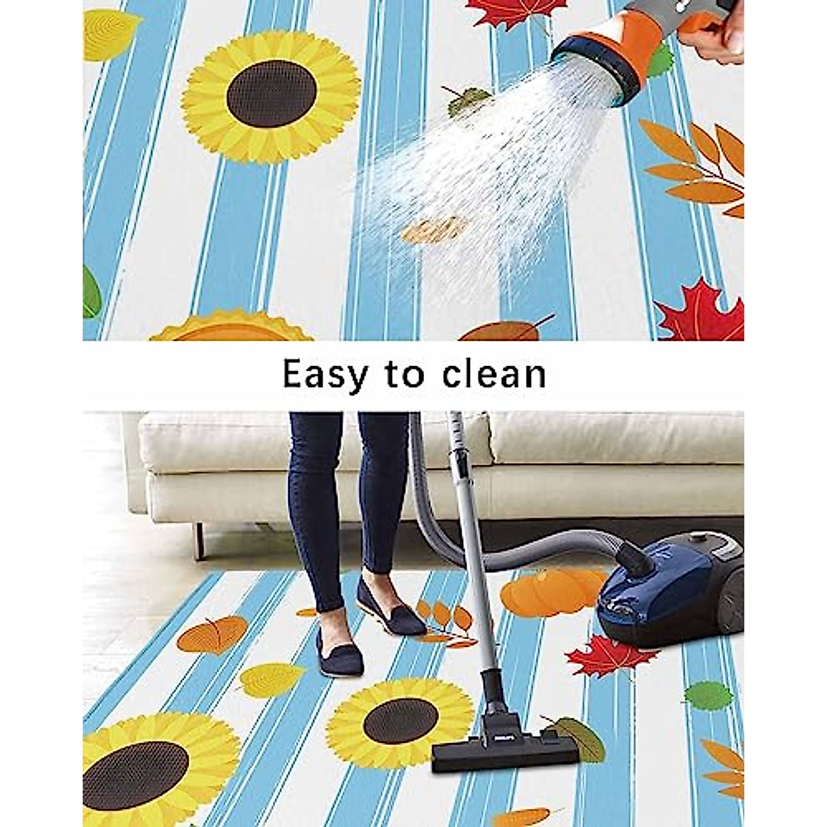 Outdoor Rug 5' x 8', Fall Pumpkin Sunflowers Large Area Rugs for Patio/RV/Deck/Porch/Indoors, Thanksgiving Harvest Blue Stripes Water Absorption Camping Rug Carpet, Lightweight Washable Rug Runners