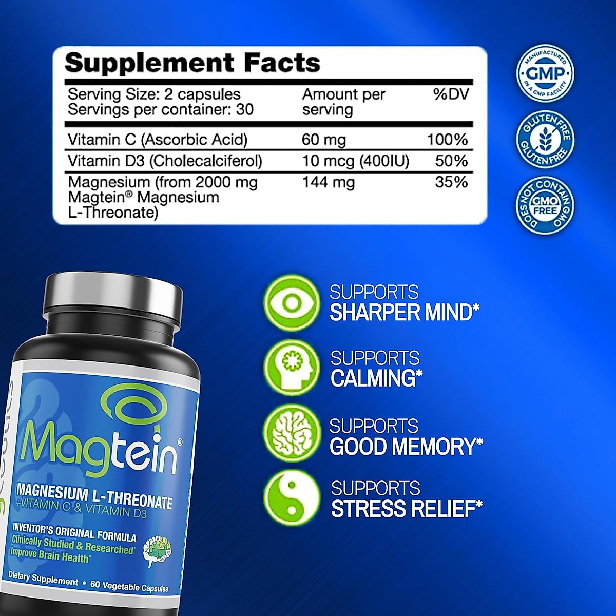 Magtein Magnesium L-Threonate, Improve Brain Health, Memory, Cognition, Stress Relief and Sleep Quality - 60 Veg Capsules (30 Days Supply)