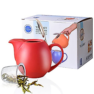 Yundu 32 ounce Red Porcelain Tea Pot - Stainless Steel Lid and Fine Infuser To Brew Loose Leaf Tea, Enough For 4 Cups