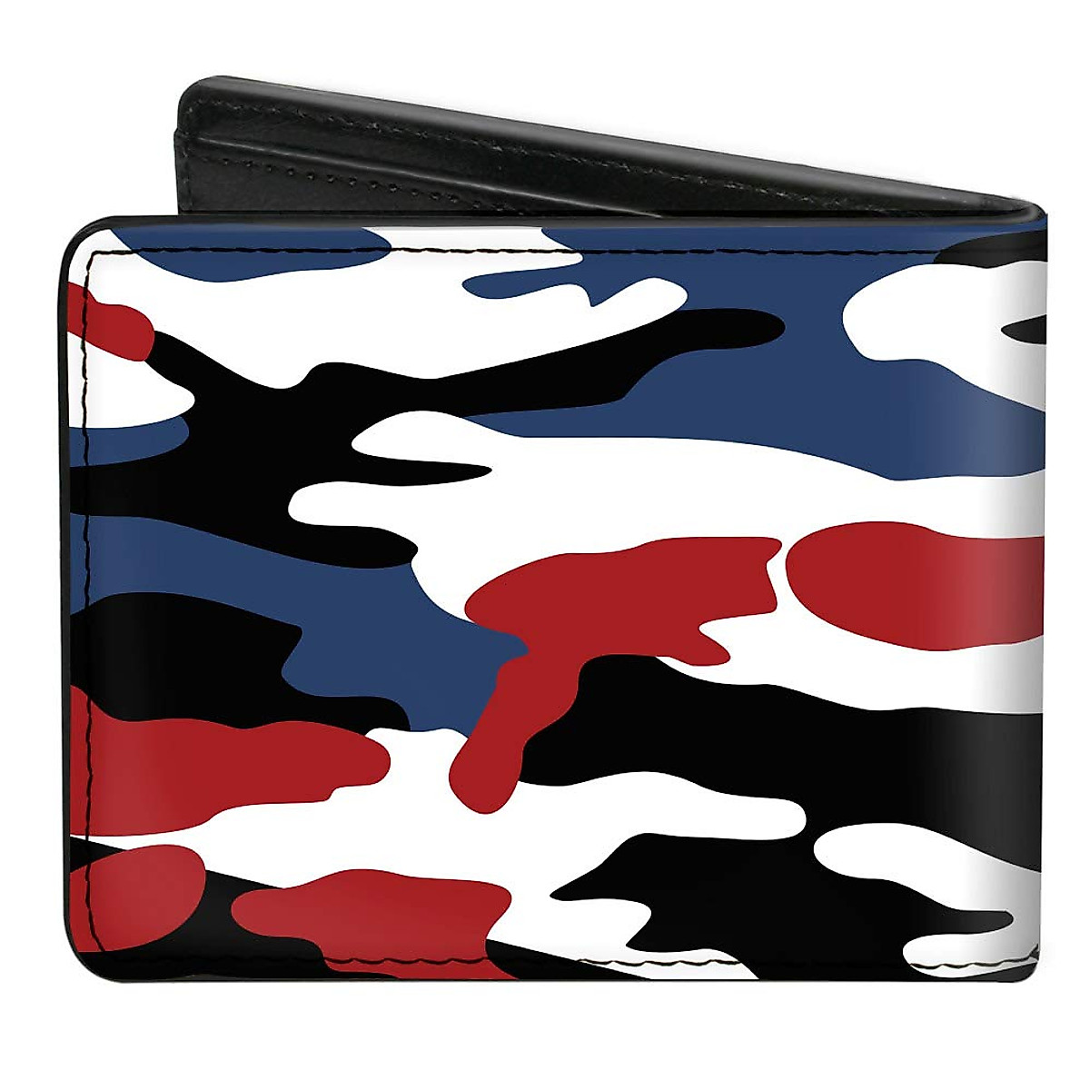 Buckle-Down Men's Ford Wallet, Bifold, Text Americana Camo Black White Red Blue, Vegan Leather, 4.0" x 3.5"