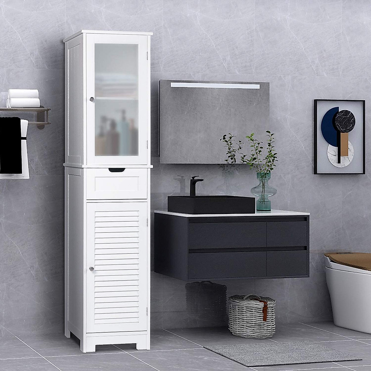 Kazila Bathroom Storage Floor Cabinet, Freestanding Wooden Storage Organizer with Glass Shutter Doors, 16 inchl x 12 inchw x 67 inchh, Ivory White