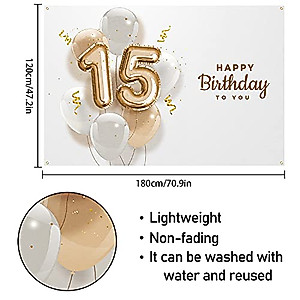 Happy 15th Birthday to You Backdrop Banner Decor White – Glitter Spots Balloons Happy 15 Years Old Birthday Party Theme Decorations for Girls Boys Supplies