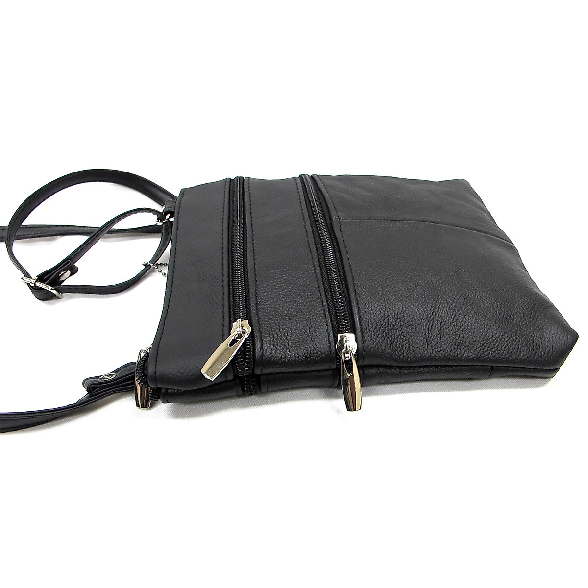 Lady's 5 Zipper Pocket 100% Leather Cross Body Slim Purse Paisley Lining- 5 Color (Black)