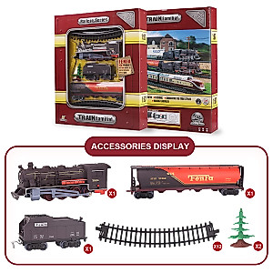 LEYI Classic Train Set Toys 1:87 Round Tracks Railway for Under Christmas Tree Battery Operated Train with Sound and Light Christmas Birthday Gifts for Boys and Girls 3 Cars 2 Trees 12 Tracks