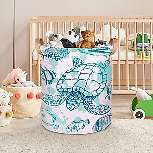 Large Laundry Hamper Basket Sea Turtle Ocean Theme Round Collapsible Storage Organizer Bin for Kids, Boys, Nursery, Closet, Bedroom, Playroom, Toys, Dirty Clothes, 16"W x 20"H