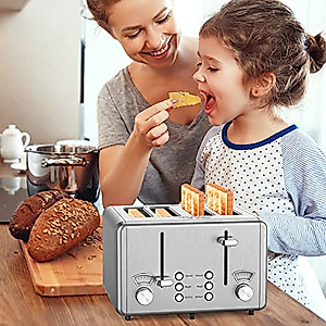 4 Slice Toaster,whall Stainless Steel,Toaster-6 Bread Shade Settings,Bagel/Defrost/Cancel Function with Dual Control Panels,Extra Wide Slots,Removable Crumb Tray,for Various Bread Types 1500W