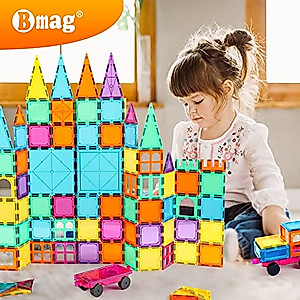 Bmag Magnetic Tiles, 120 PCS Magnetic Building Blocks, 3D Magnet Tiles for Kids Boys Girls, STEM Construction Building Set, Stacking Toys with 2 Car
