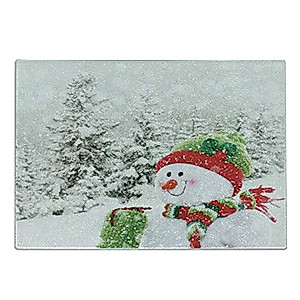 Ambesonne Christmas Cutting Board, Snowman in a Snowy Woodland Holiday Themed Arrangement Winter Season Print, Decorative Tempered Glass Cutting and Serving Board, Small Size, White and Red