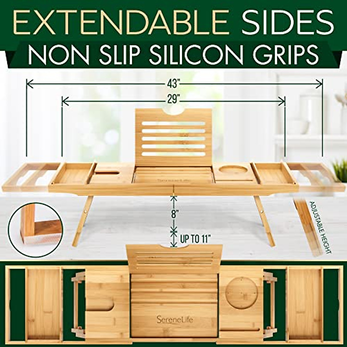 SereneLife Bath Caddy Breakfast Tray Combo - Natural Bamboo Wood Waterproof Bath Tub Caddy and Bed Tray with Folding Slide-Out Arms, Device Grooves, Wine Glass and Soap Holder SLBCAD50.5 , Brown