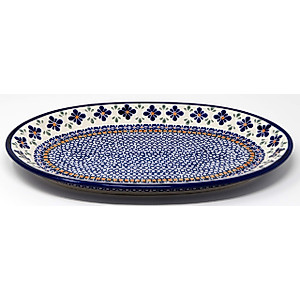 Polish Pottery Oval Serving Platter From Zaklady Ceramiczne Boleslawiec Mosaic Flower Pattern, Dimensions: 14 Inch X 9 Inch