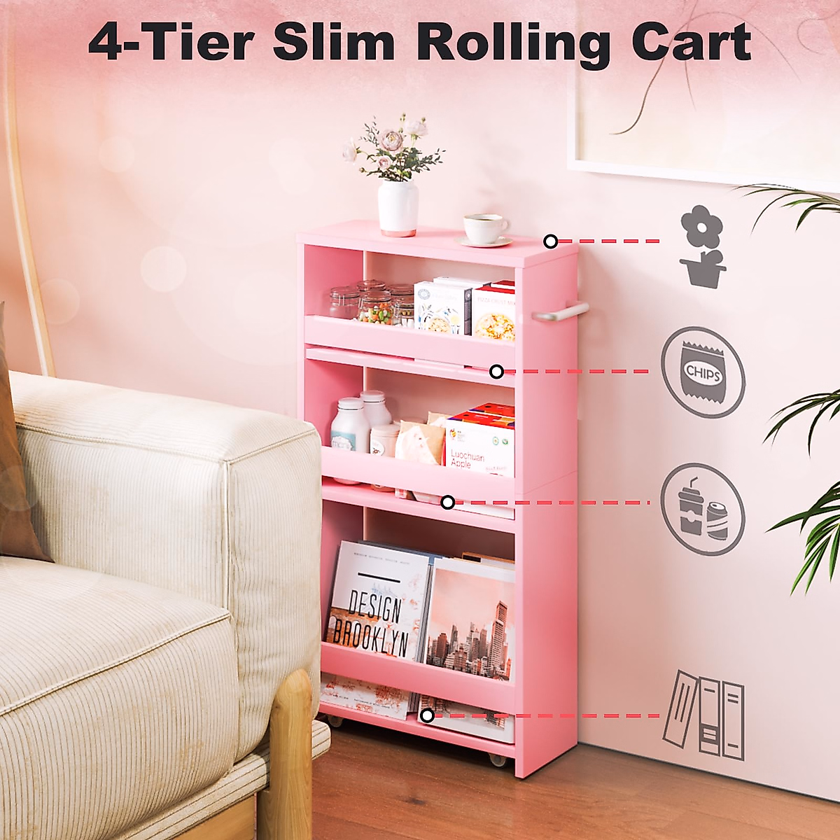 MARTY Pink Slim Storage Cart, 4-Tier Rolling Bookshelf Kitchen Cart with Wheels, Laundry Room Organization with Handle Slide Out Utility Cart Shelving Unit Trolley for Narrow Places