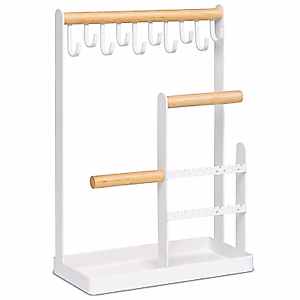 MetWoods Jewelry Holder Organizer with Earring Tray and 10 Hooks, 4 Tier Necklace Holder Display for Earrings Watches Bracelet Rings (White)
