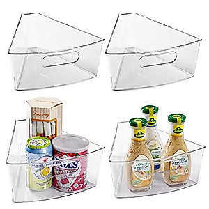 Oubonun Lazy Susan Organizers Set of 4, 10.2”x 9.4”x 4” Plastic Transparent Kitchen Cabinet Storage Bins with Handle, 4" Deep Container, 1/8 Wedge - Food Safe, BPA Free.